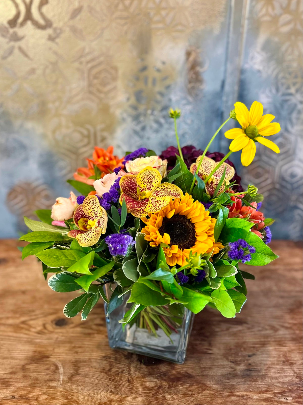 Sunflower Arrangement in Cube Vase | Blooming Amazing Flower Company