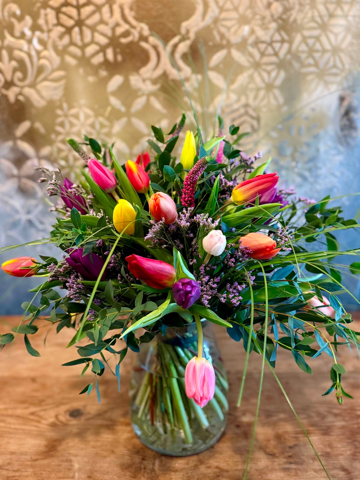 Colourful Tulip Bouquet in Glass Vase | Blooming Amazing Flower Co.